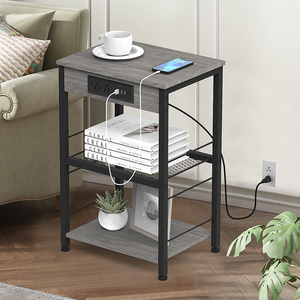 Nightstand with Charging Station, 3 Tier Side End Table with USB Ports and Outlets, Side Table Living Room with Storage shelf Modern Bedside Tables with USB for Bedroom Study, Dark Gray and Black