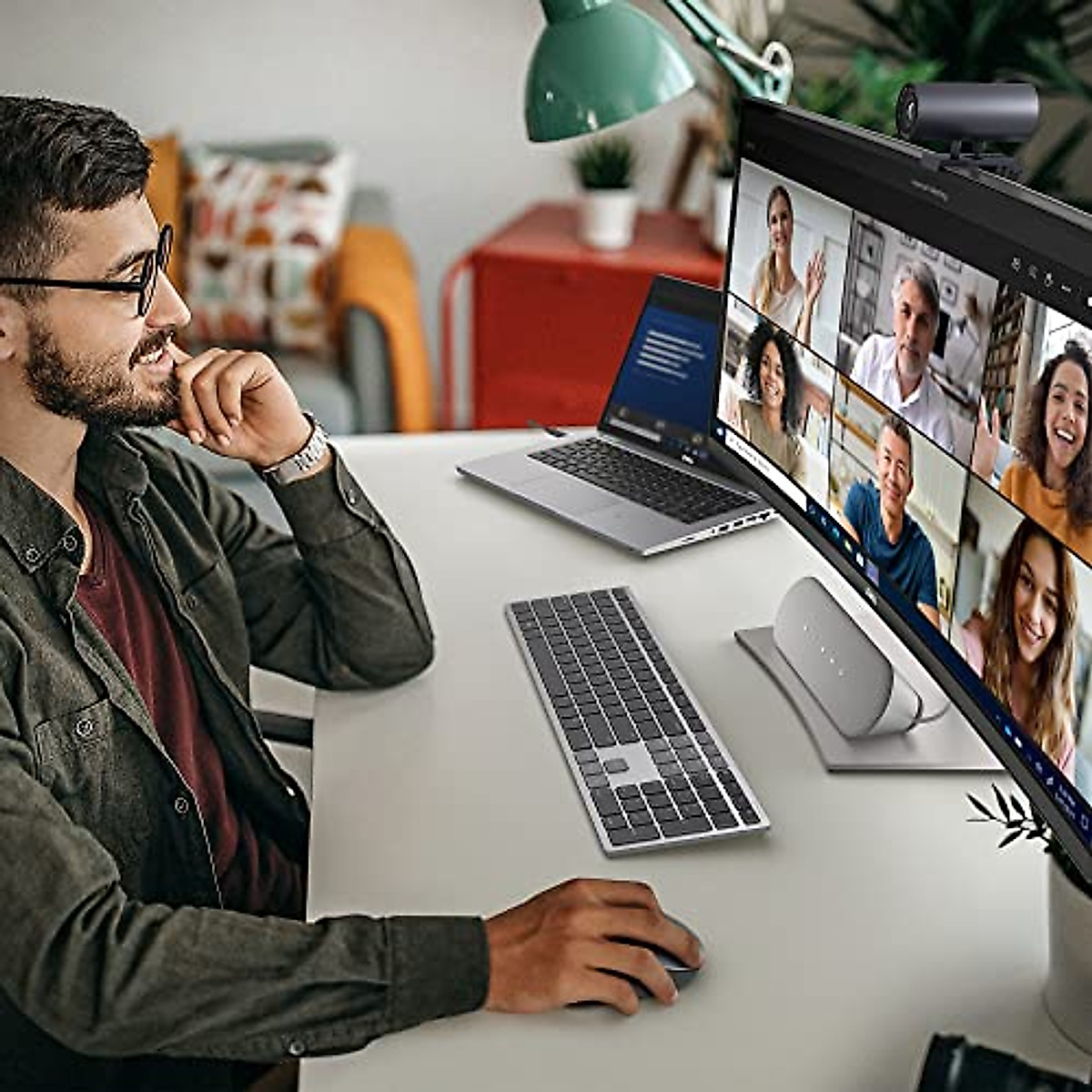 Dell SP3022 USB Computer Speaker for PC, Laptop, Monitor, Business Conference-Mini Soundbar Speakerphone, AI Noise Echo Cancellation, Full Duplex Audio, 2 x 1.8W, MS-Teams Certified - Platinum Silver