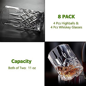 Qipecedm Drinking Glasses, 8 Piece Crystal Glass Cups, Mixed Glassware Set, 4 pcs Crystal Old Fashioned 11oz Highballs and 4 pcs 11oz Whiskey Glasses, Great for Cocktail, Whisky and other Beverages