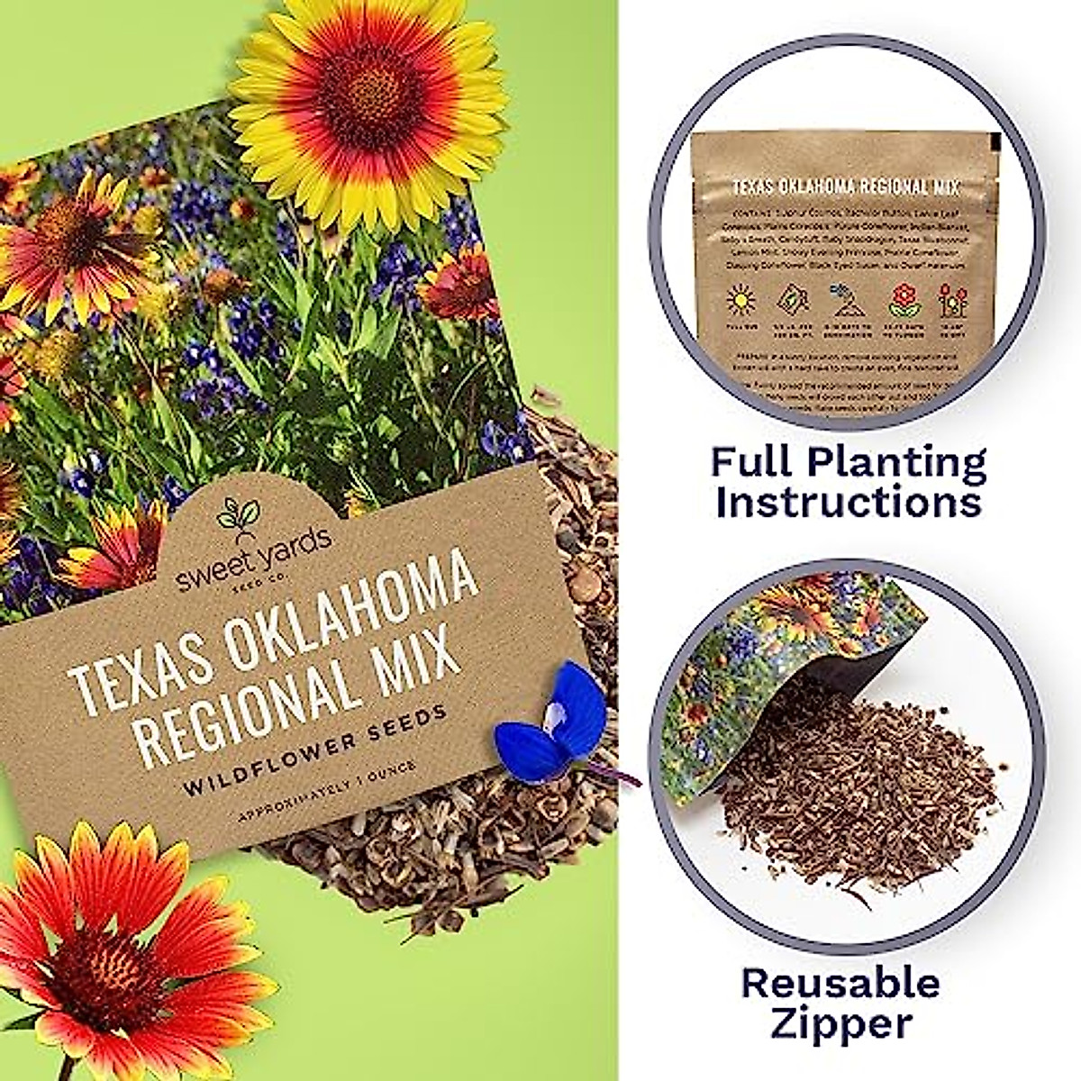 Texas Oklahoma Wildflower Seeds Mixture - Bulk 1 Ounce Packet - Over 15,000 Native Seeds - Open Pollinated and Non GMO
