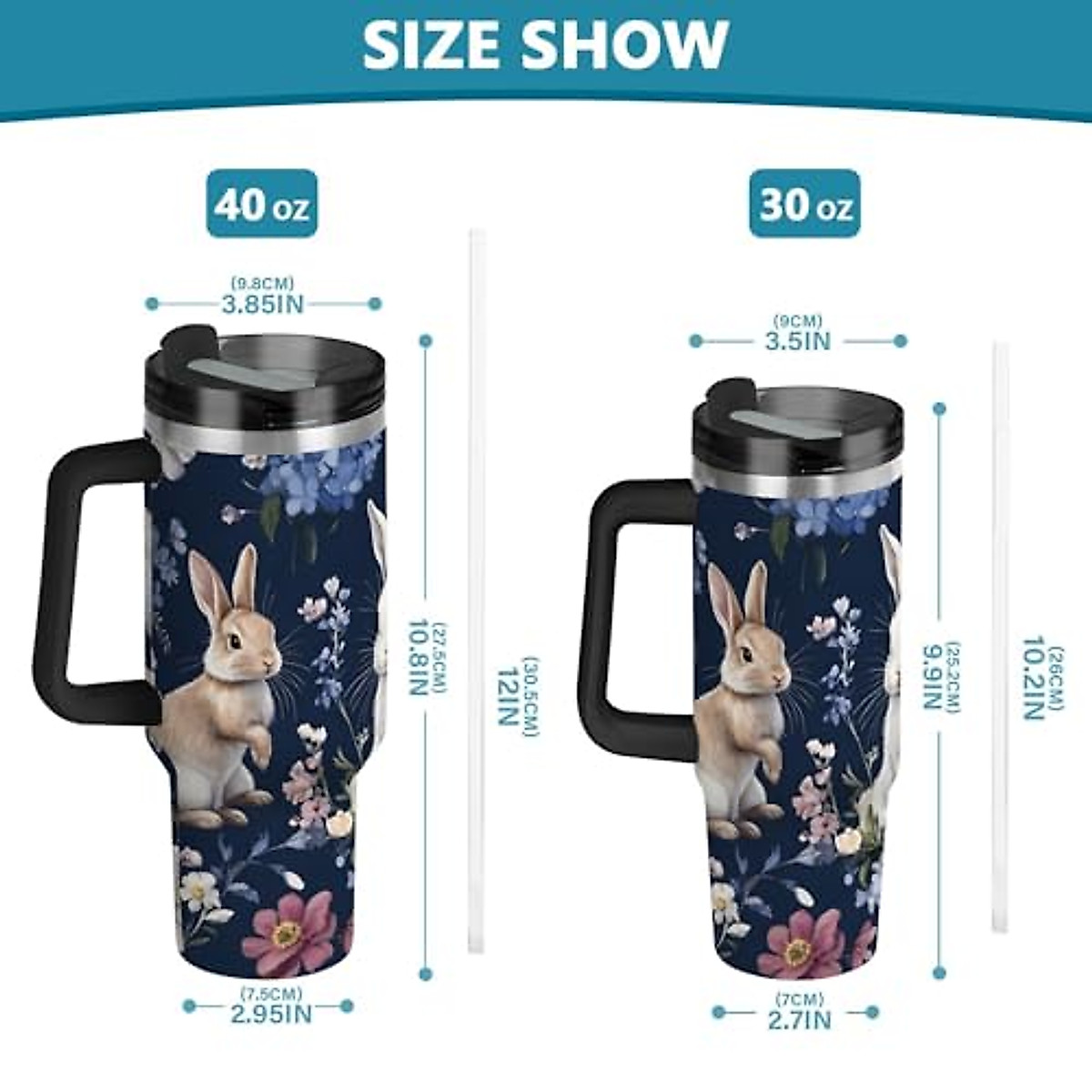 Bokkoy Cute Rabbits 40 oz/30 oz Tumbler with Handle and Straw Stainless Steel Tumbler with Lid Reusable Vacuum Insulated Cup