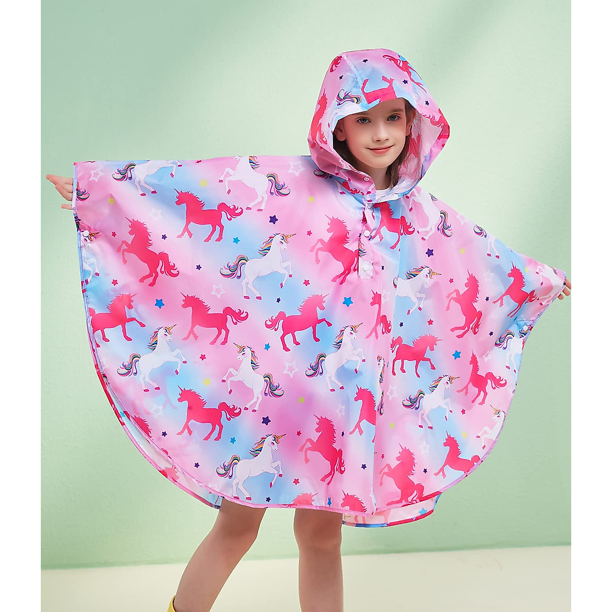 WAWSAM Lightweight Kids Rain Poncho Reusable Toddler Raincoat Waterproof Girls Rain Jacket