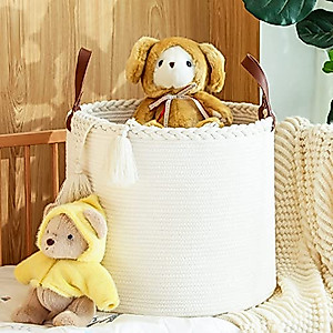 KAKAMAY Large Cotton Rope Blanket Basket (20"x13"),Woven Baby Laundry Hamper，Blanket Basket for Nursery, Laundry, Living Room, Pillows, Toys （White/Beige）