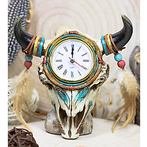 Ebros Southwestern Native American Indian Dreamcatcher Feathers Steer Bull Cow Skull Decorative Desktop Table Clock Figurine Turquoise Spirit Skulls Cows Medicine Bison Western Talisman Accent