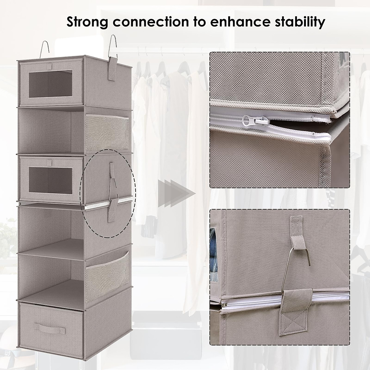 Fixwal 1 Pack 6-Shelf Hanging Closet Organizer, 2 Separable 3-Shelf Hanging Shelves with 3 Drawers Clothes Organizer Shelves for Bedroom Closet Rack