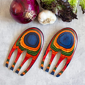 Baltique Marrakesh Collection Salad Hands Serving Utensil Set, Colorful Wooden Salad Servers