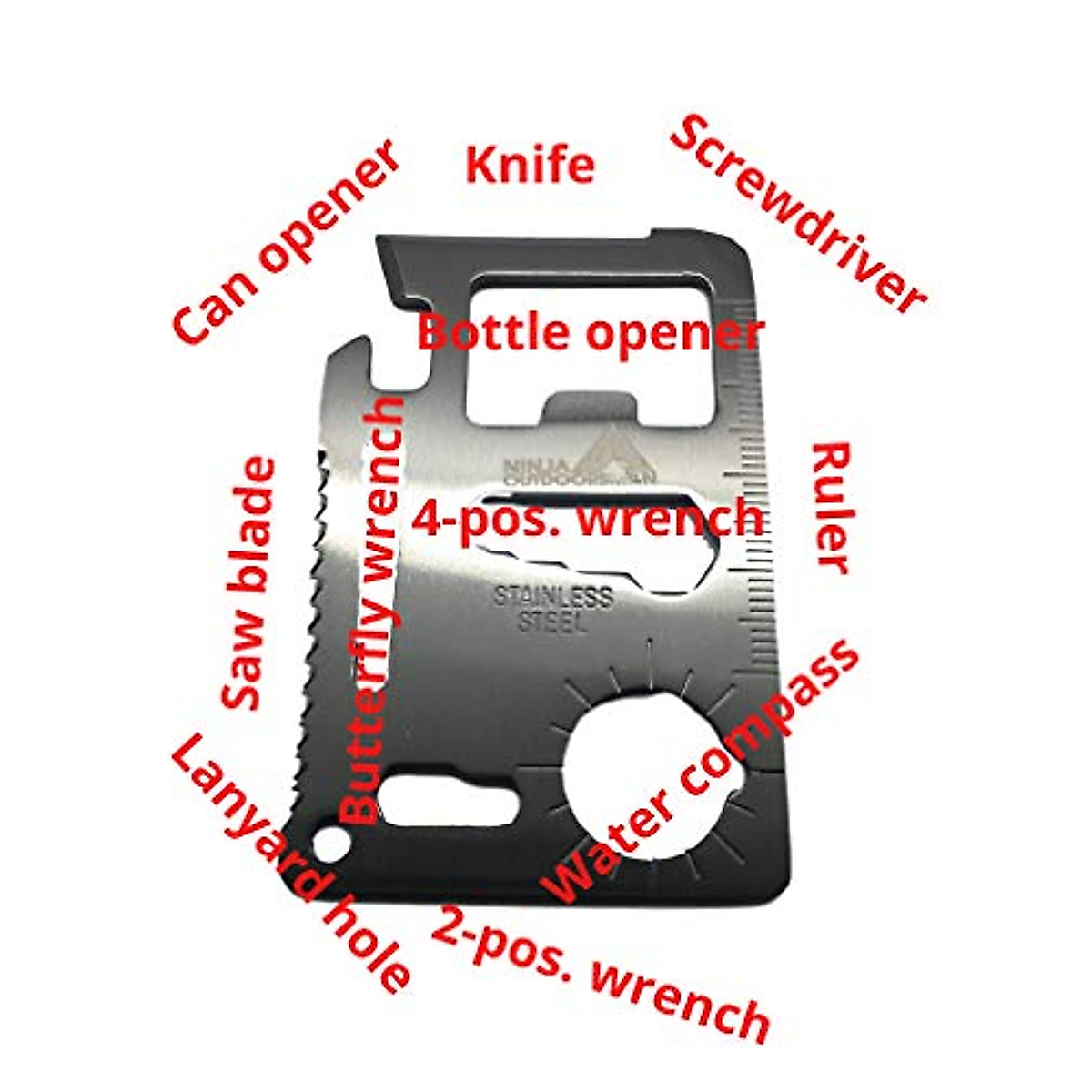 (5-Pack, Silver) Ninja Outdoorsman 11 in 1 Stainless Steel Credit Card Pocket Sized Survival Multi Functional Tool - Stocking Stuffers, Christmas Gifts Under 10 Dollars