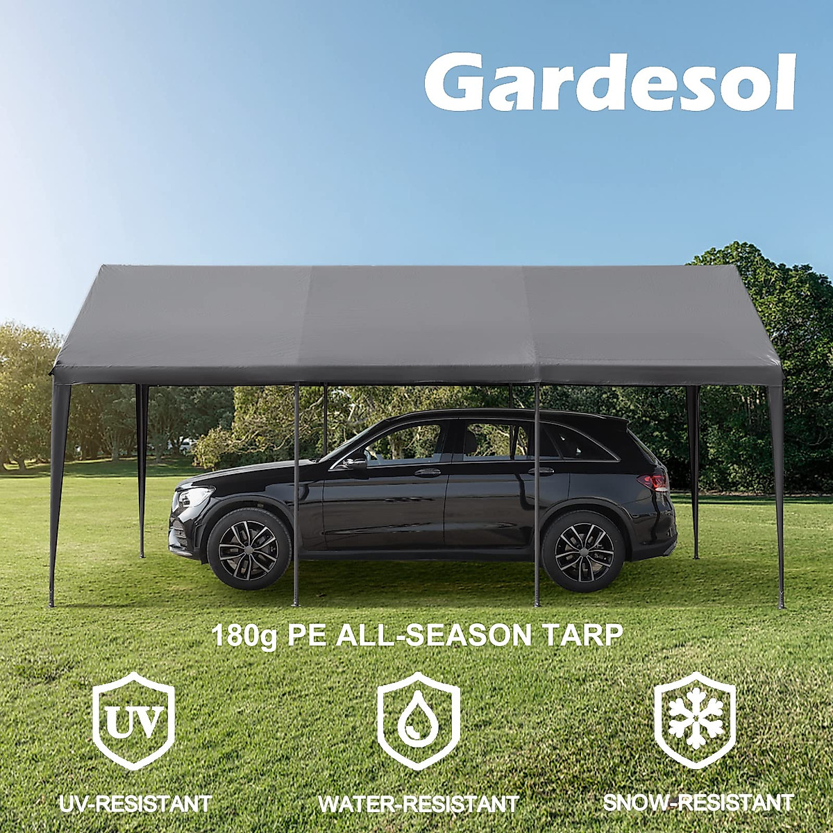 Gardesol Carport, 10'x 20' Heavy Duty Carport with Roll-up Ventilated Windows, Reinforced Portable Garage with Removable Sidewalls & Doors for Car, Truck, Boat, Car Canopy with All-Season Tarp, Gray