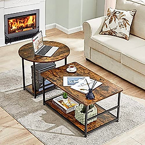 WOHOMO Coffee Table, 2 in 1 Unique Detachable Nesting Coffee Table Set of 2, Small Round and Rectangular Living Room Table Set, Industrial Modern Style Coffee Tables for Living Room, Rustic Brown