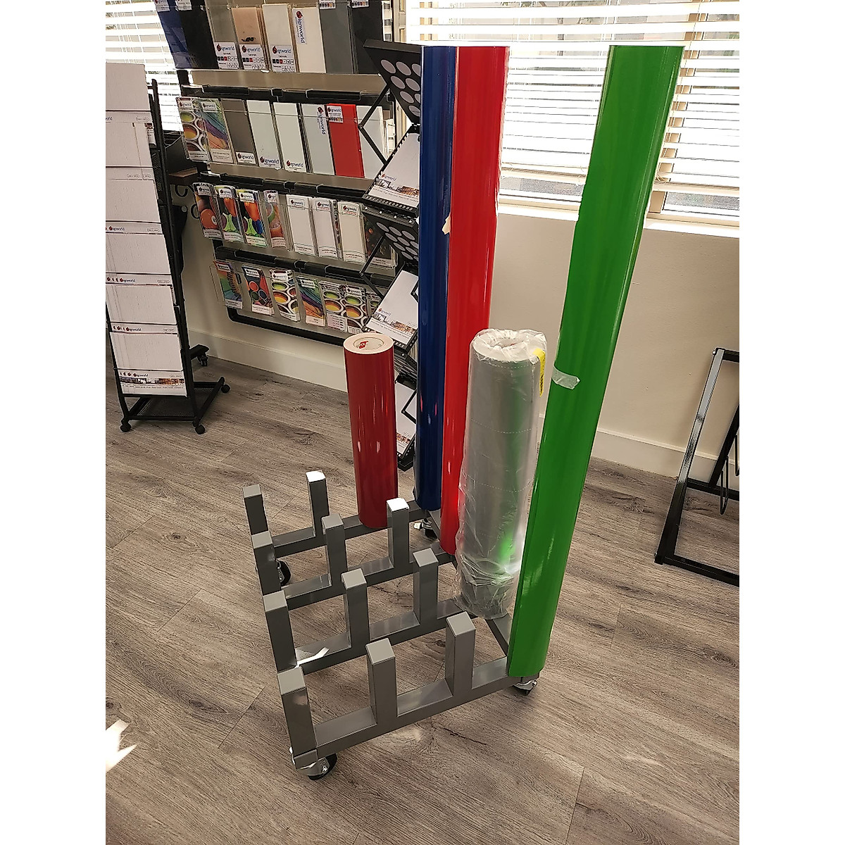 Signworld Heavy Duty Media Roll Mover Mobile Storage Cart Rack – Holds 16 Rolls