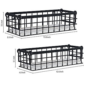 MyGift Decorative Storage Baskets with Handles, Black Metal Wire and Whitewashed Wood Rectangular Wall Baskets, Set of 2
