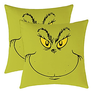 Yaofavo Christmas Decorative Throw Pillow Cover, Merry Grinchmas Cushion Covers Xmas, Green Face Pack of 2 Pillowcase Only (Green Face, 18 x 18 Inch)