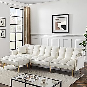 Ucloveria Sectional Sofa Couch, Convertible L-Shaped Sofa Bed with Adjustable Backrest & Movable Ottoman & 2 Toss Pillows, 3 in 1 Multi-Function Sleeper Sofa for Living Room Bedroom, Cream White
