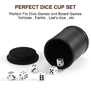 Dice Cup with Lid, PU Leather and Felt-Lined, Quiet Shaker for Yahtzee Farkle Dice Board Games, Set of Six 16mm Dice Included