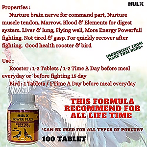 HULX POWER PLUS 100 TABLETS, Fast Increasing Energy Formula Rooster Booster Vitamins Health Chicken Supplement for Good Health, Build Muscle, Blood, Power Feed Poultry Bird Fighting Gamecocks Hen Food