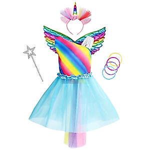 Jeowoqao Girls Princess Dress up Trunk Set 19 Pcs, Girls Rainbow Costume Set, Toddler Girls Dress up Clothes Pretend Play Costumes Set for Little Girl Ages 3 4 5 6