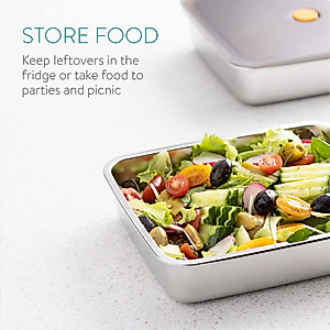 Navaris Stainless Steel Marinating Containers (Set of 2) - Metal Meat Marinade Container with Lid - Dishwasher Safe Food Storage 9.3" x 7.5" x 2.2"