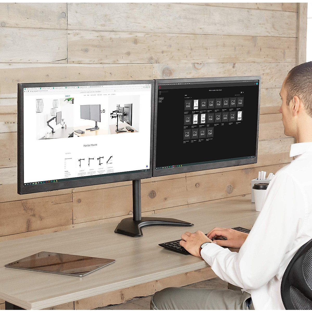VIVO STAND-V002F Dual LED LCD Monitor Free-Standing Desk Stand for 2 Screens up to 27 Inch Heavy-Duty Fully Adjustable Arms with Max VESA 100x100mm