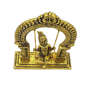Ecommall Laddu Gopal Metal Solid Jhula Swing with Ladoo Gopal Murti Handicraft Showpiece Idol for Temple/Home/Office (Gold, Medium)