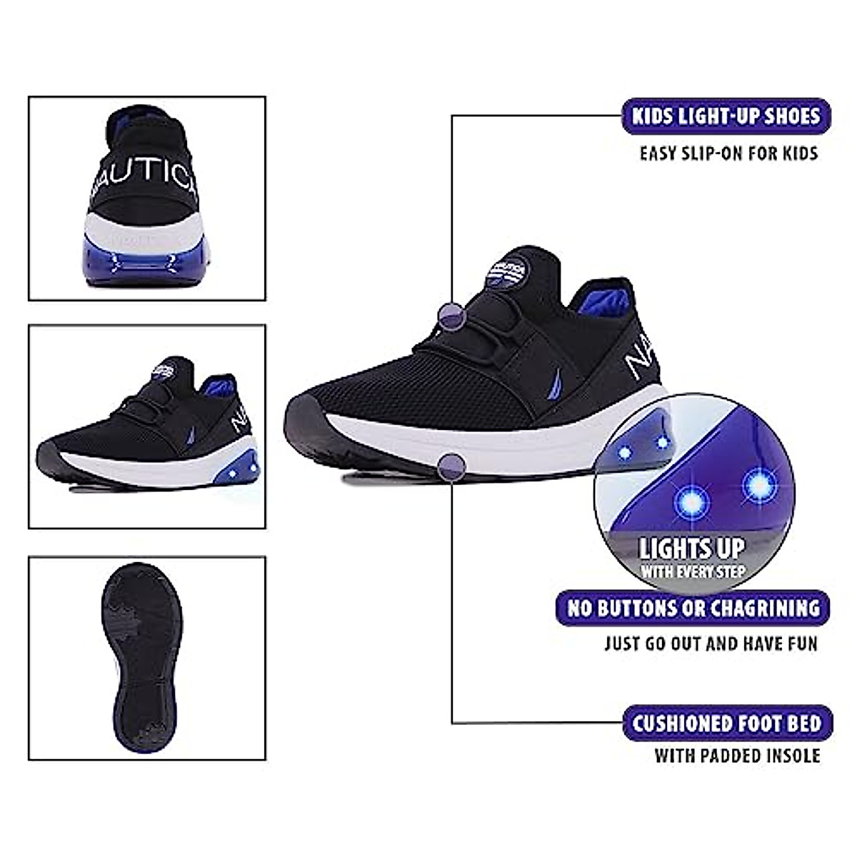 Nautica Kids Toddler Light Up Flashing Sneaker Athletic Slip-On Bungee Running Shoes Boy-Girl Toddler Little Kid-Neave Buoy Light-Black Cobalt-11