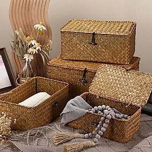 Woanger Set of 4 Wicker Storage Baskets Organizer，Handwoven Storage Bins with Lid for Organizing, Home Utility Box for Home Office Supplies Multipurpose Container(Orange)