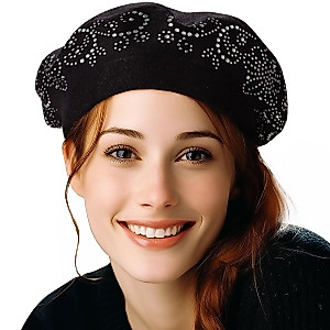 LADYBRO Barre Hat Wool Beret Hats for Women Rhinestone Womens Hats and Caps Winter Black