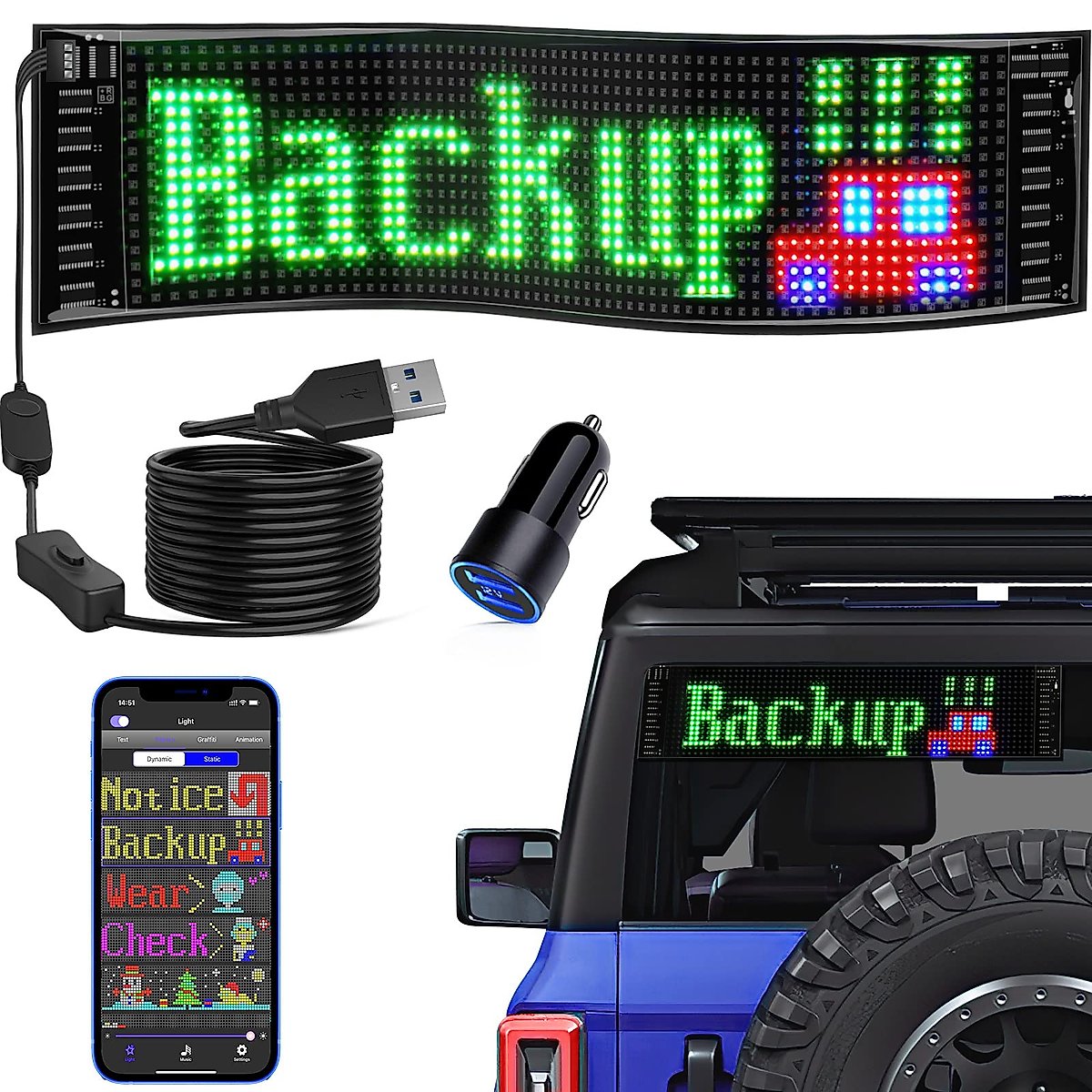 KJOY USB 5V LED Sign, Bluetooth, App Control, Flexible, Programmable Custom Text Pattern Animation Scrolling Display for Car, Store, Party, Bar, Hotel, Concert, 14.6''x3.6''
