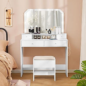 Quimoo Vanity Desk Set with LED Tri-Fold Lighted Mirror & Power Outlet, Makeup Vanity Table with 4 Drawers, Cushioned Stool, for Bedroom, Bathroom, White