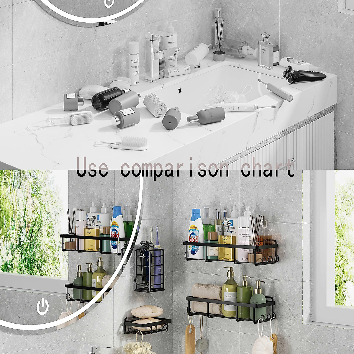 KOKSTOP Shower Caddy Organizer: 4 Pack Adhesive Wall Mounted Hanging Shelf with 12 Hooks for Shower Storage Accessories Toothbrush Holder Soap Baskets Shower Racks for Inside Shower - Black