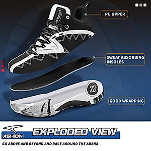 ASHION Boys Shoes Youth Air Cushion Sneakers Kids Basketball Running Sport Shoes Girls Mid Top School Training (Little Kid/Big Kid), Black White 5