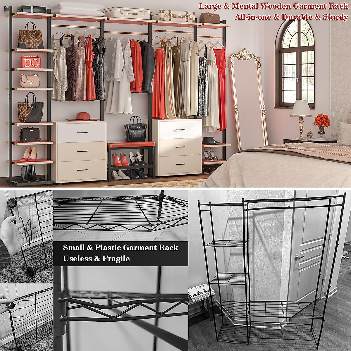 Cyclysio 96'' Heavy Duty Closet System, Large Wooden Garment Rack, Wall Mounted Walk-in Closet, Clothing Rack with Shelves, Closet Organizer System with Stool, 14 Shelves, 6 Drawers, 4 Rods, Black