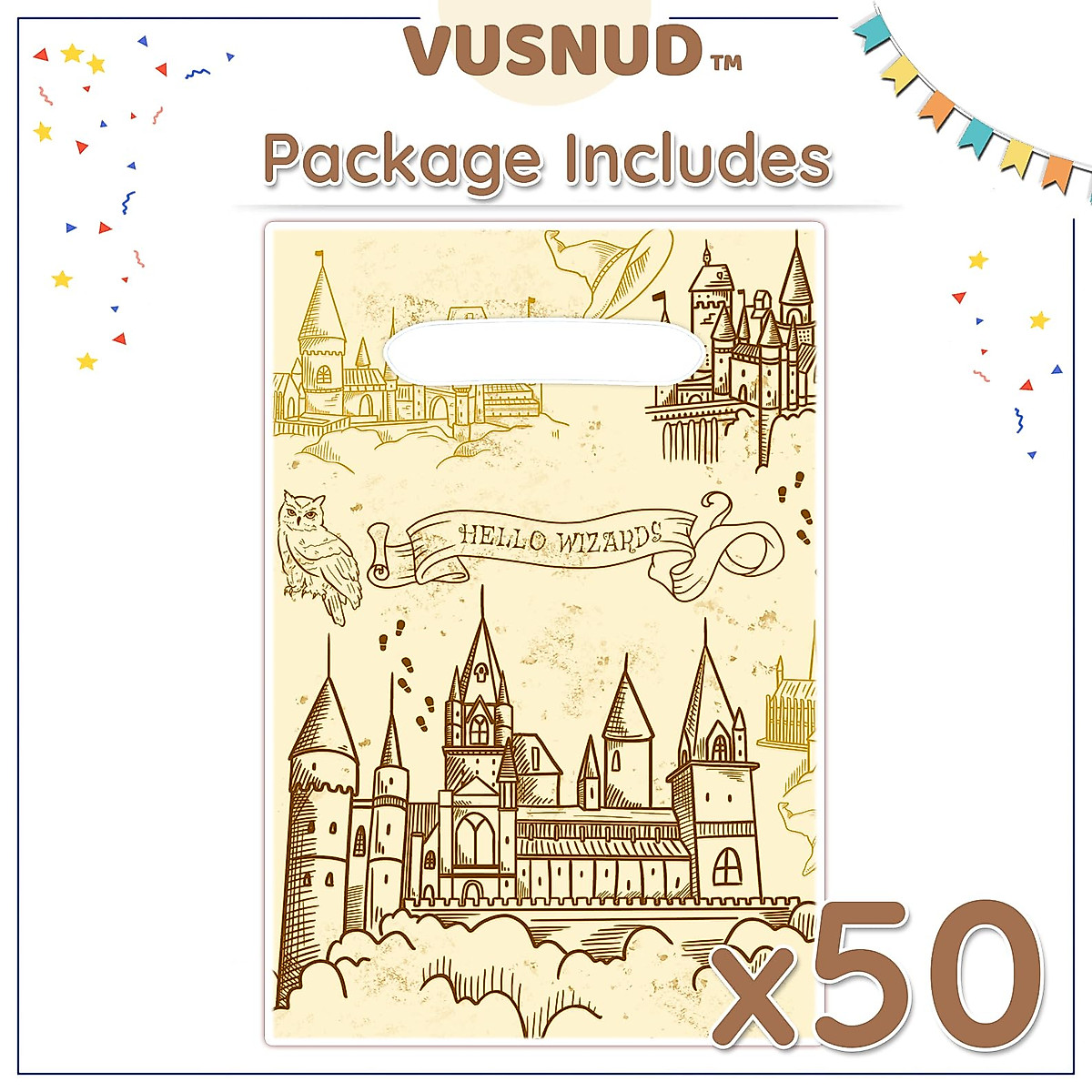 Vusnud 50Pcs Wizard Themed Candy Goodie Treat Plastic Bags for Wizard Themed Birthday Baby Shower Party Decorations