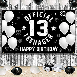HTDZZI 13th Birthday Backdrop Banner, Happy 13th Birthday Decoration for Boys Girls, Official Teenager 13 Birthday Party Yard Sign, 13 Year Old Birthday Photo Booth Props Decor, Fabric, Black White