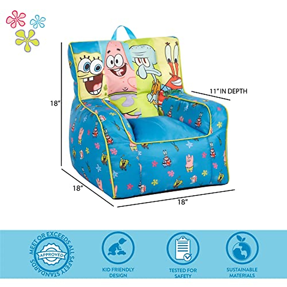 Idea Nuova Nickelodeon Spongebob Squarepants Toddler Nylon Bean Bag Chair with Piping & Top Carry Handle Large