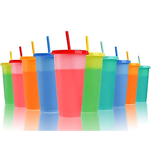 Lyellfe 10 Pack Color Changing Cups, 24 oz Reusable Tumblers with Lids and Straws, Plastic Cold Drink Summer Cups in Multicolors, Ideal for Adults Kids Women Party