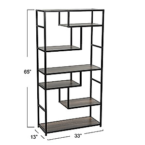 Household Essentials Jamestown Tall 6 Shelf Open Storage Bookshelf Ashwood Rustic Wood Grain and Black Metal