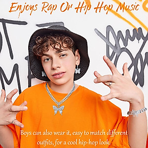 Junkin 3 Pieces Butterfly Necklaces for Women Butterfly Jewelry Set Butterfly Pendant Necklace Rhinestone Link Necklace Bling Charm Butterfly Hoop Earrings for Women Girl (Rhinestone Chain)