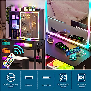 WOOVIVS Vanity Desk with Lights and Sliding Vanity Mirror, Makeup Vanity Desk with Charging Station, Vanities Dressing Table with Stool, Vanity Set with Large Drawers&Shelves for Bedroom, Black