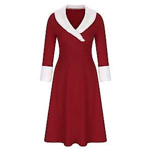 Womens Christmas Midi Dresses Long Sleeve Fur Trim Dresses Mrs Santa Costume Fancy Cosplay Outfits Party Dress Red