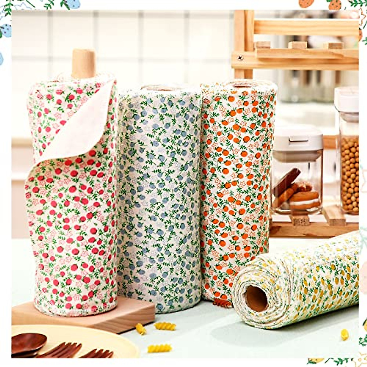 Tanlade 100 Pcs Reusable Paper Towels Washable Roll Paperless Paper Towels Dish Washable Roll Reusable Toilet Cloth Washable Cotton Towels with Cardboard Roll for Paperless Dishcloths Replace (Flower)