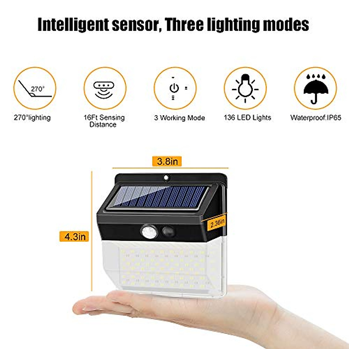 Solar Wall Lights Outdoor, 136 LED Motion Sensor Security Light, Waterproof Backyard Light for Front Door, Garden Driveway Porch Walkway Pool Patio Deck, Yard, Garage (2 Pack)