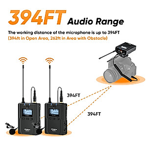 Wireless Lavalier Microphone, Comica CVM-WM200A 96-Channel UHF Wireless Lapel Microphone System for Cameras/XLR Camcorders Interview Youtube Video Recording, Dual Lav Mic with 394FT Transmission