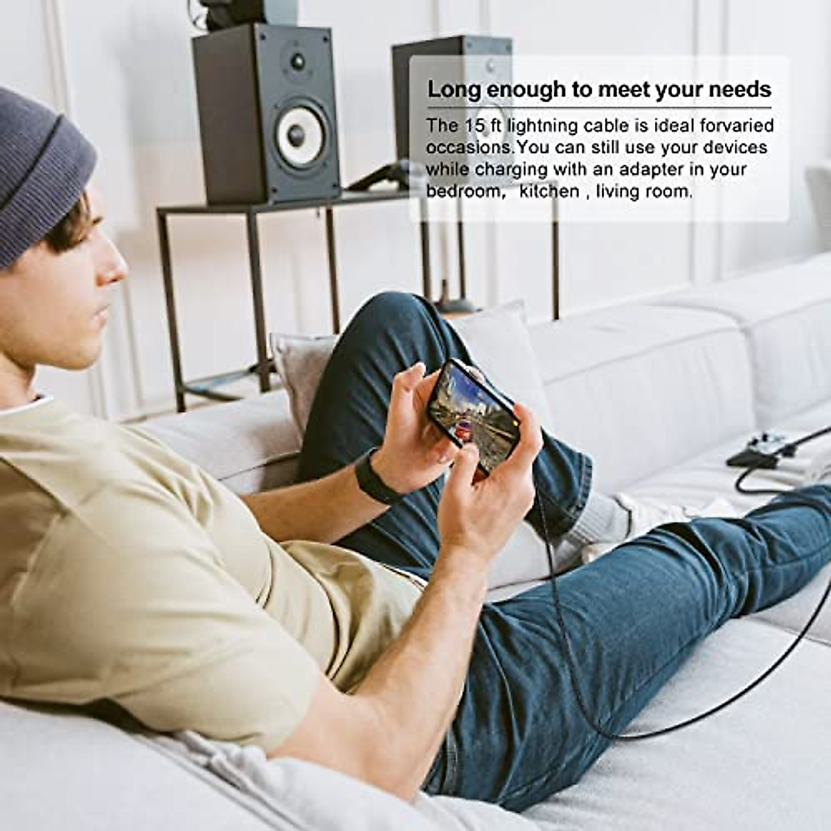 15 Ft Extra Long iPhone Charger Cord, [Apple MFi Certified] iPhone Charging Cable, 2.4A Nylon Braided Lightning Cable for iPhone 14 13 12/11 Pro Max/ 11 Pro/XS Max/XS/XR/X/ 8 Plus/ 8/7 -Silver