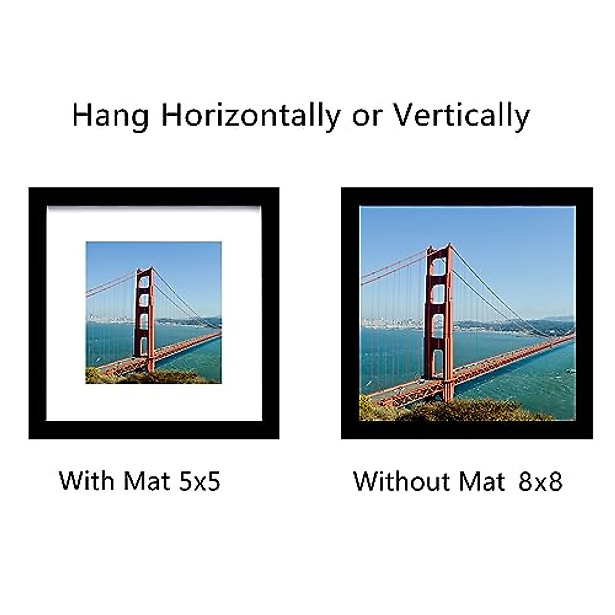 PEALSN 8x8 Picture Frame, Display Pictures 5 x 5 with Mat or 8 x 8 Without Mat for Wall Mounting Display, Photo Frames, Black.