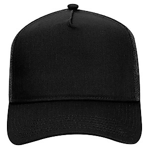 Ashen Fane Cotton Blend Twill 5 Panel Pro Style Mid Profile Mesh Back Trucker Hat, Black