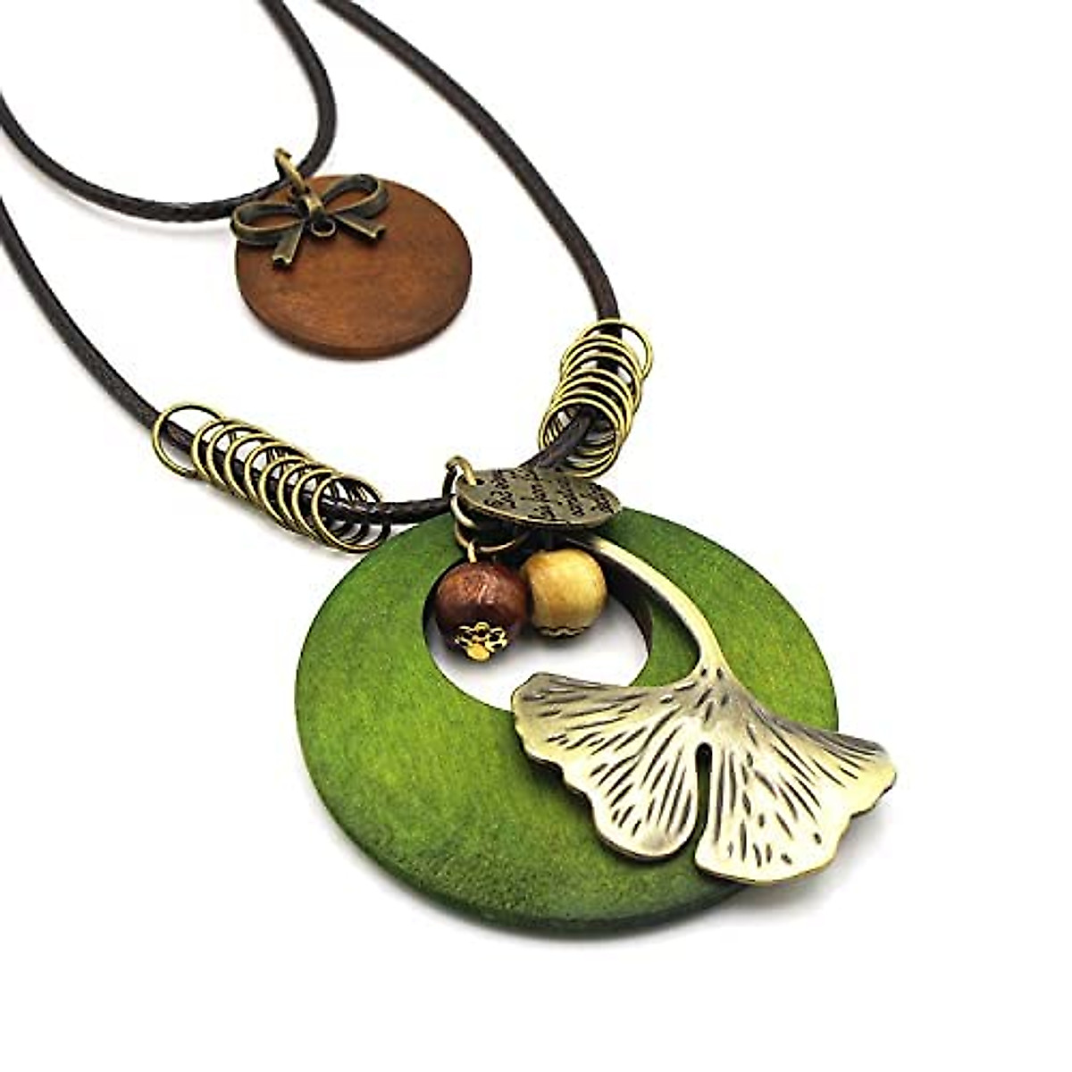 Les umes Vintage Necklace Wooden Pendant Long Necklaces for Women Boho Ethnic Style Handmade Jewelry Ginkgo Green