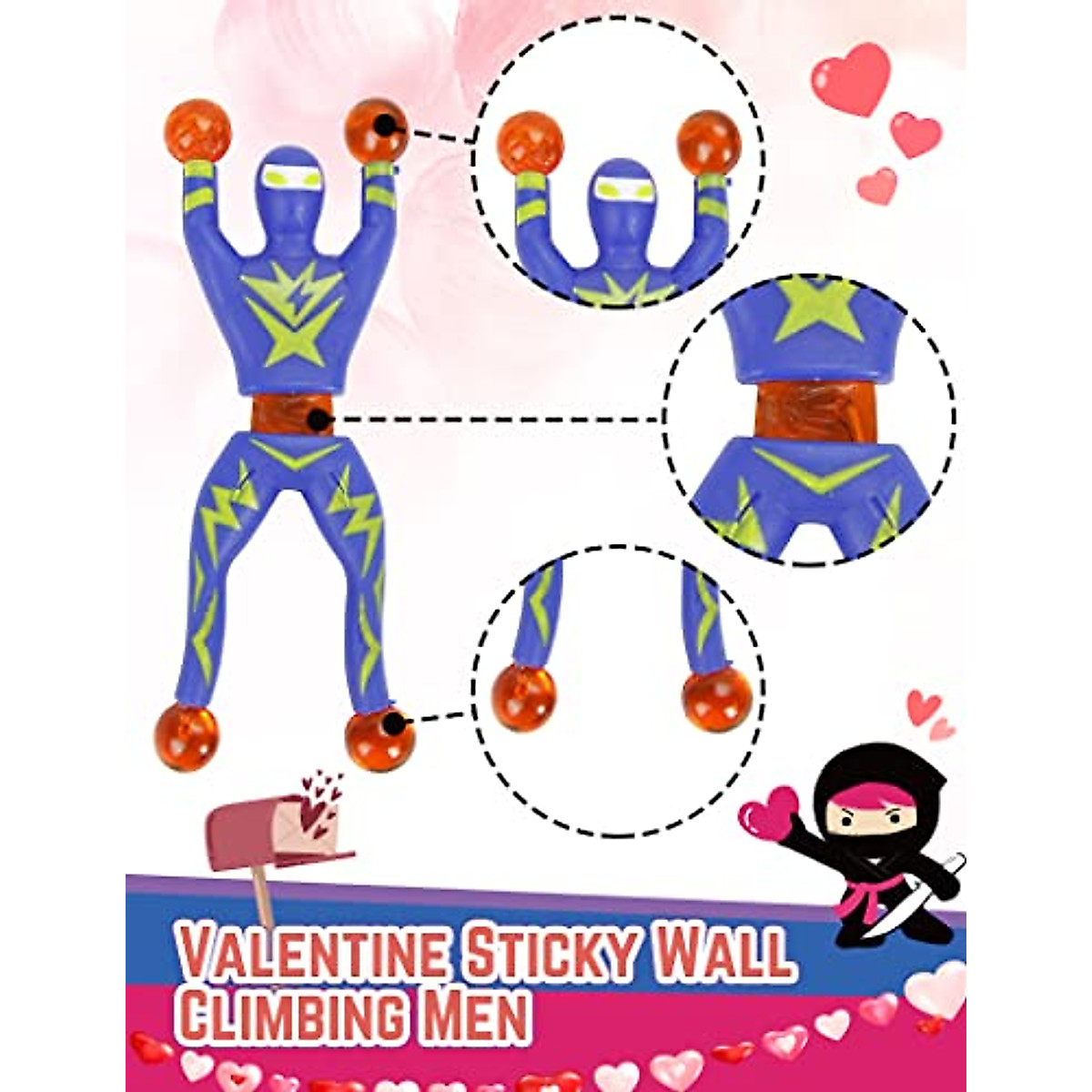 DG-Direct 28 Packs Valentine's Day Cards with Sticky Wall Climbing Men Ninja Toys, Kids Valentine Party Favor, Valentine's Day School Classroom Prizes, Valentine Exchange Gift