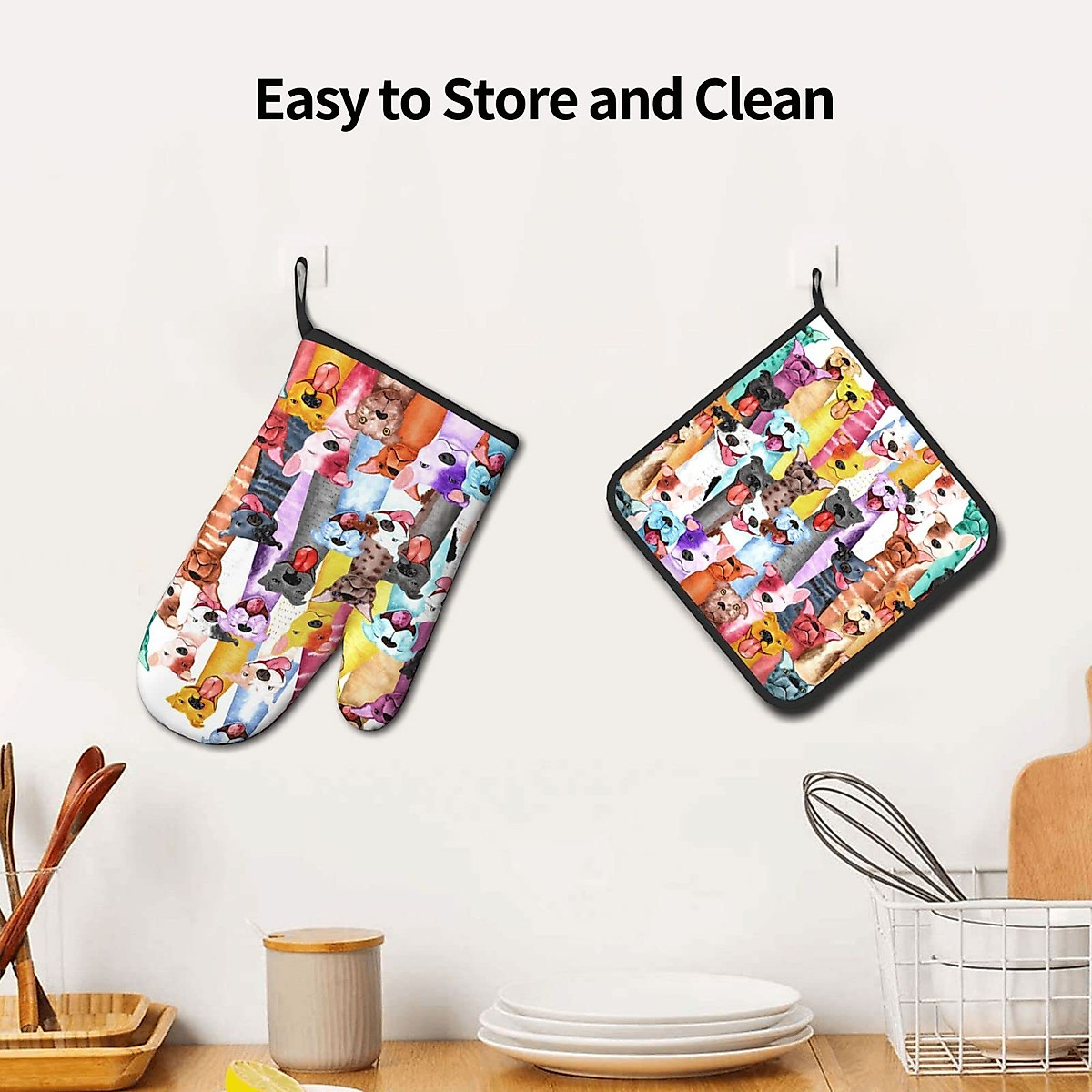 Cute American Pit Bull Terrier Dogs Puppy Lovers Colorful Tie Dye Oven Mitts and Pot Holders Sets Reusable Soft Cotton Heat Resistant Oven Gloves For Kitchen Microwave BBQ Baking Print Oven Mitt Gifts