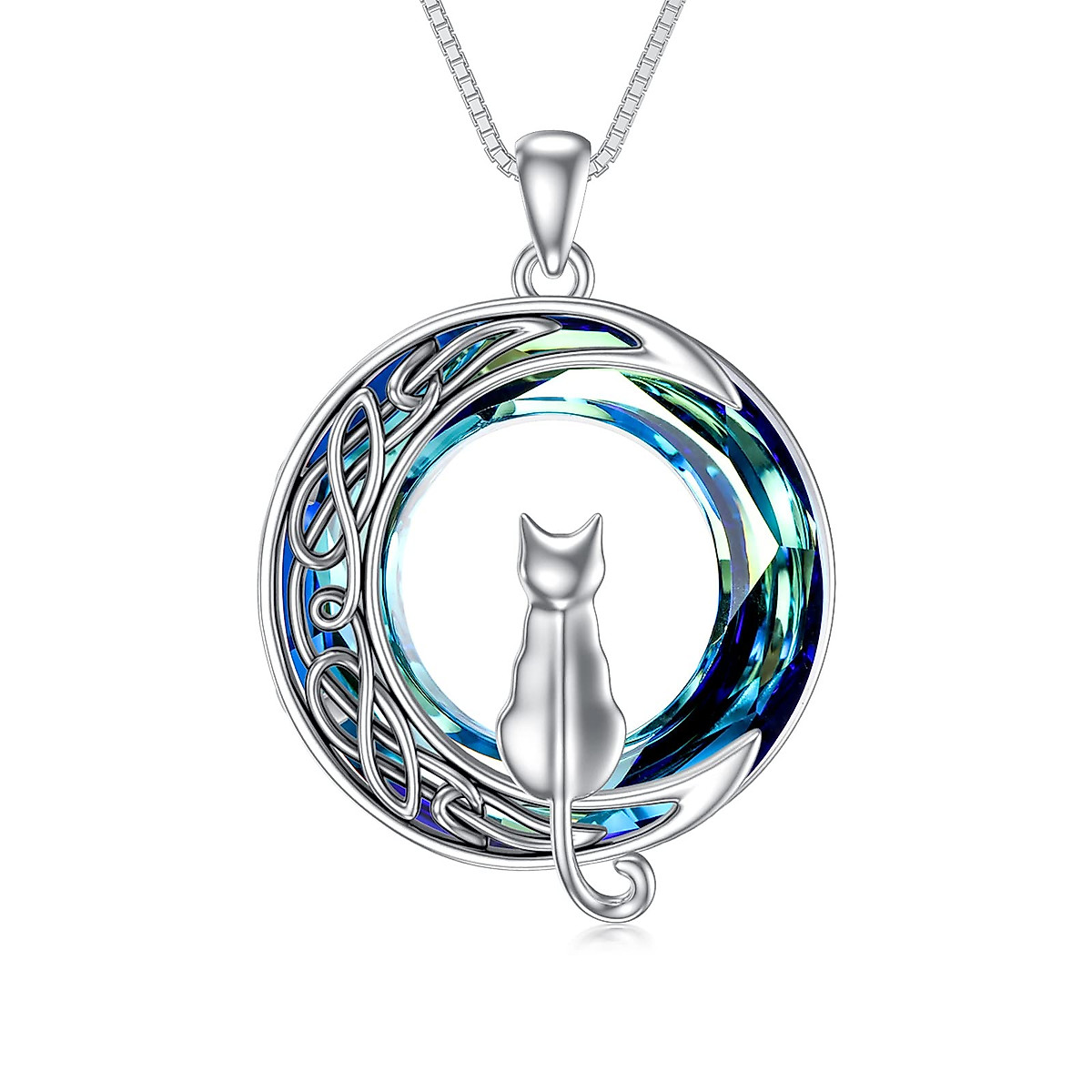 TOUPOP Cat Gifts for Cat Lovers Sterling Silver Celtic Cat on the Moon Pendant Necklace with Blue Circle Crystal Birthday Christmas Jewelry Gifts for Women Teen Girls