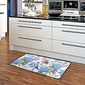 Bird with Blue Hydrangea Kitchen Rug 39 X 20 inch Non Skid Washable Throw Rugs for Kitchen Floor Sink Entryway Rugs Runner